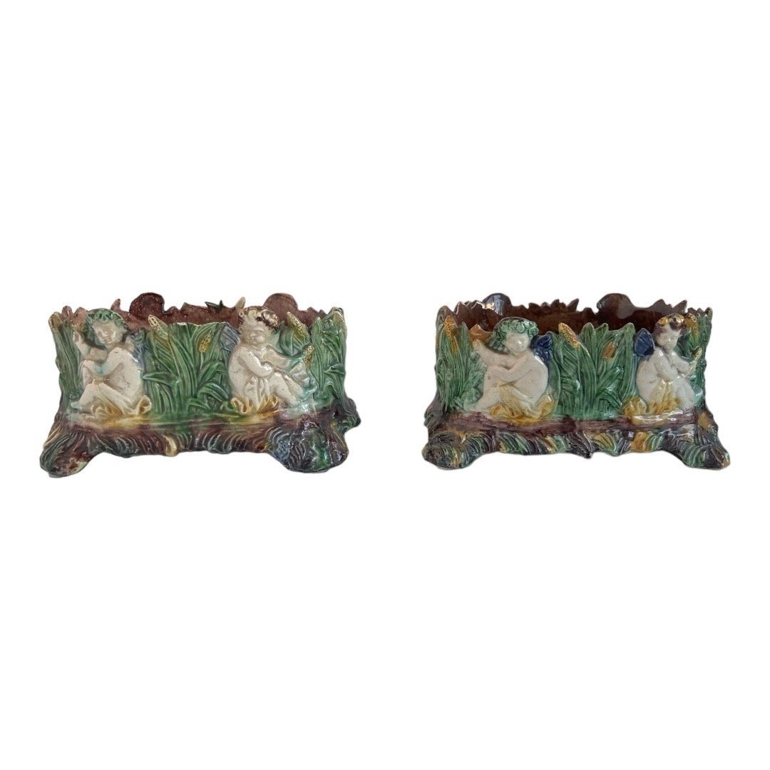 Pair of French Antique Majolica Oval Footed Cache Pots or Boxes: Unique ...