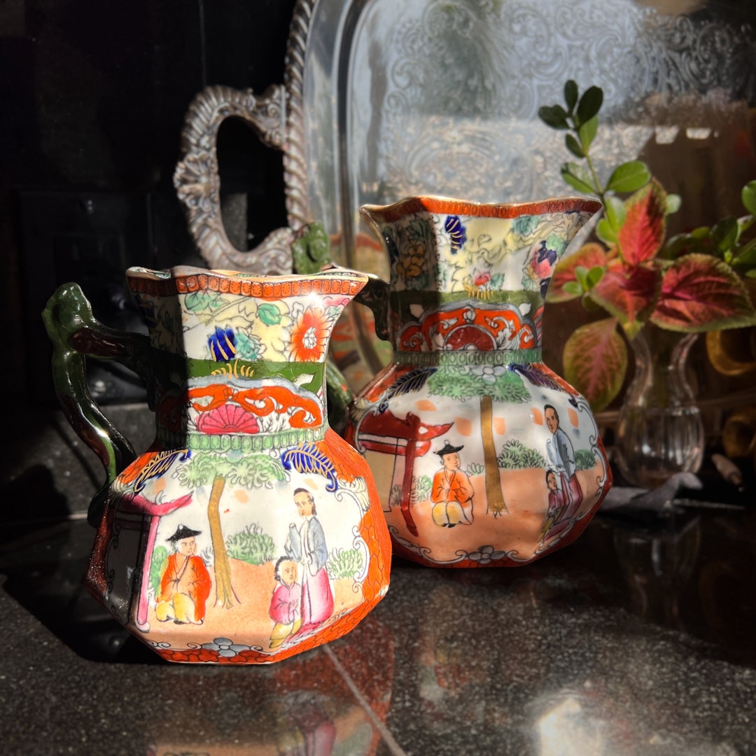 Pair of Ironstone Graduated Pitchers/ Chinoiserie Hand Painted Pair of ...