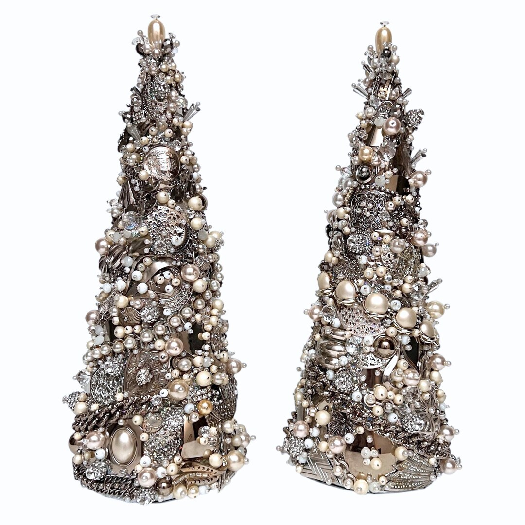Winter Wonderland Bejeweled Christmas Tree Topiaries W/ Vintage Silver ...