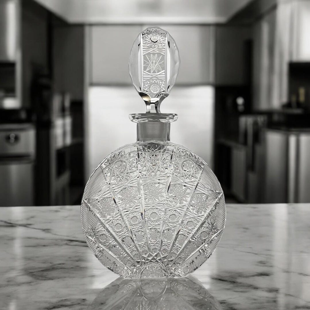 1970s Hand-carved Bohemian Crystal Banjo-shape Bottle or Decanter With ...