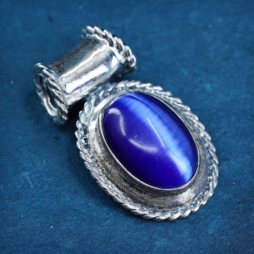 Mexico Sterling Silver Handmade Pendant, 925 Charm With Oval Blue Cat ...