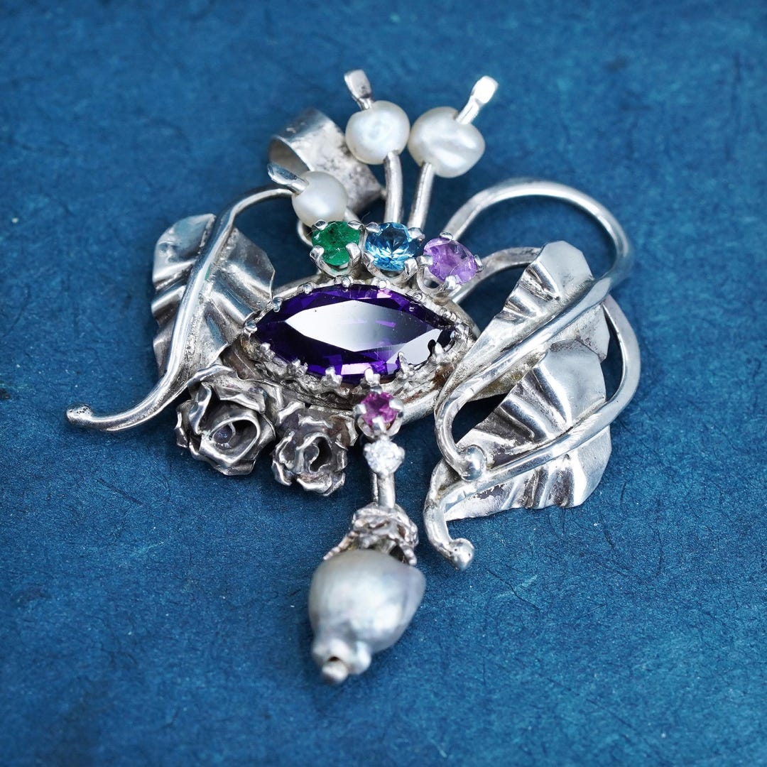 Vintage Sterling 925 Silver Handmade Leaves Pendant With Amethyst and ...