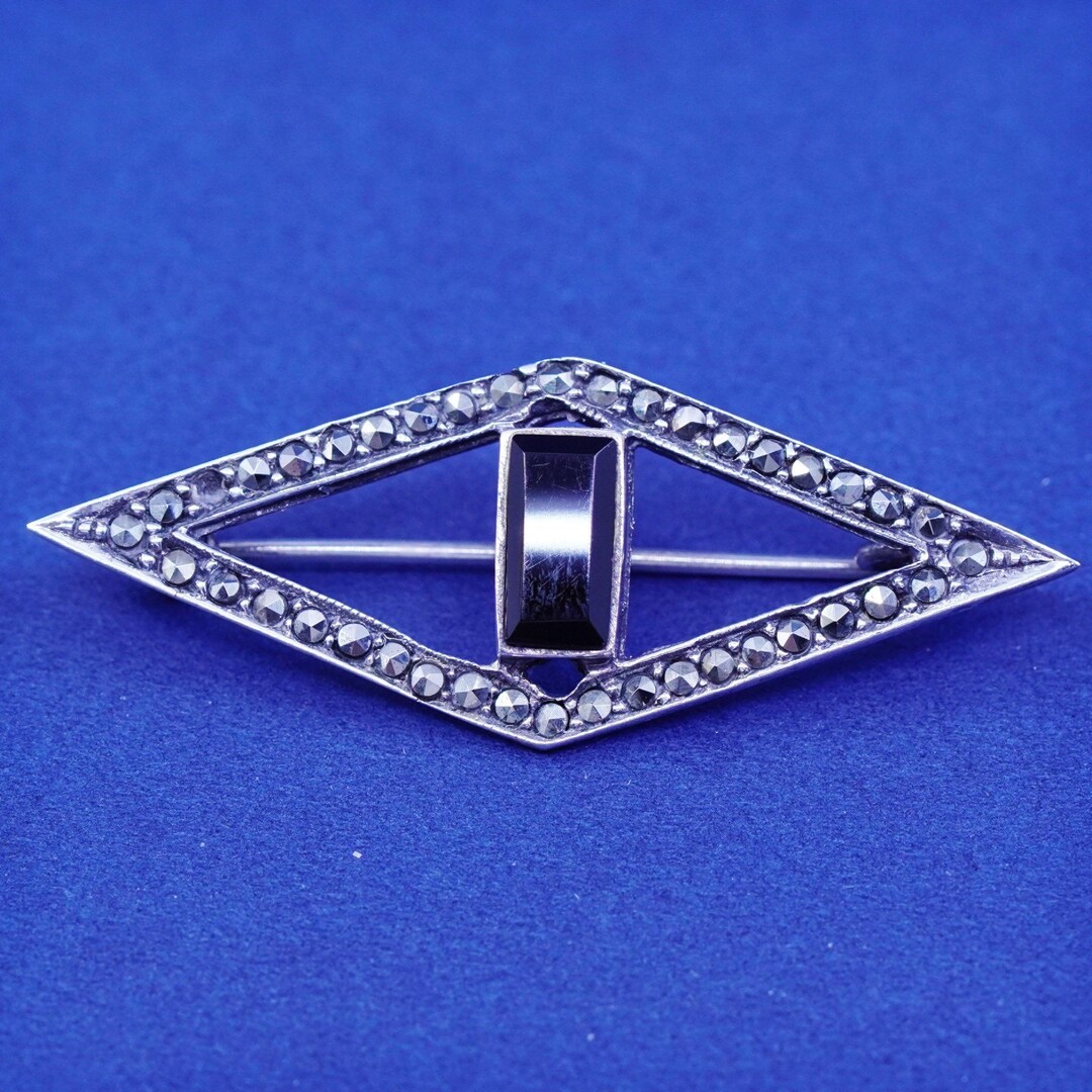 Vtg Sterling Silver Handmade Long Brooch, 925 Diamond Shaped Pin Onyx ...