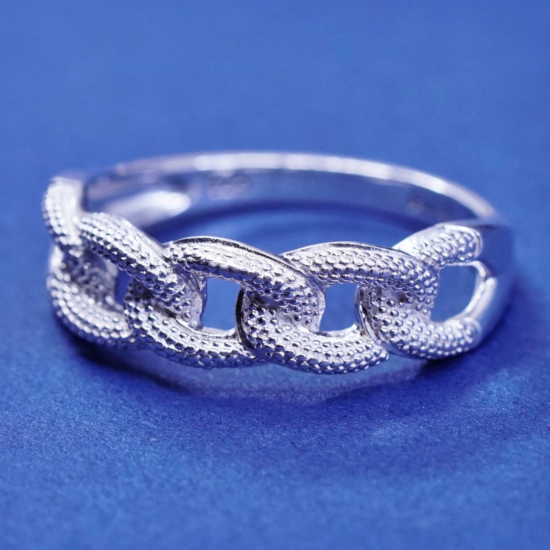 Size 8, Vintage RJ Sterling Silver Handmade Ring, 925 Texture Chain ...