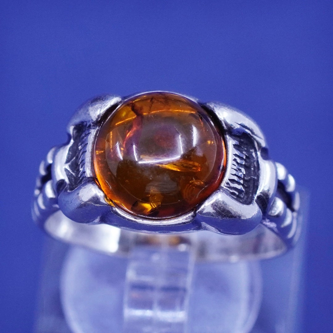 Size 7.5, Vintage Sterling 925 Silver Handmade Ring With Round Amber ...
