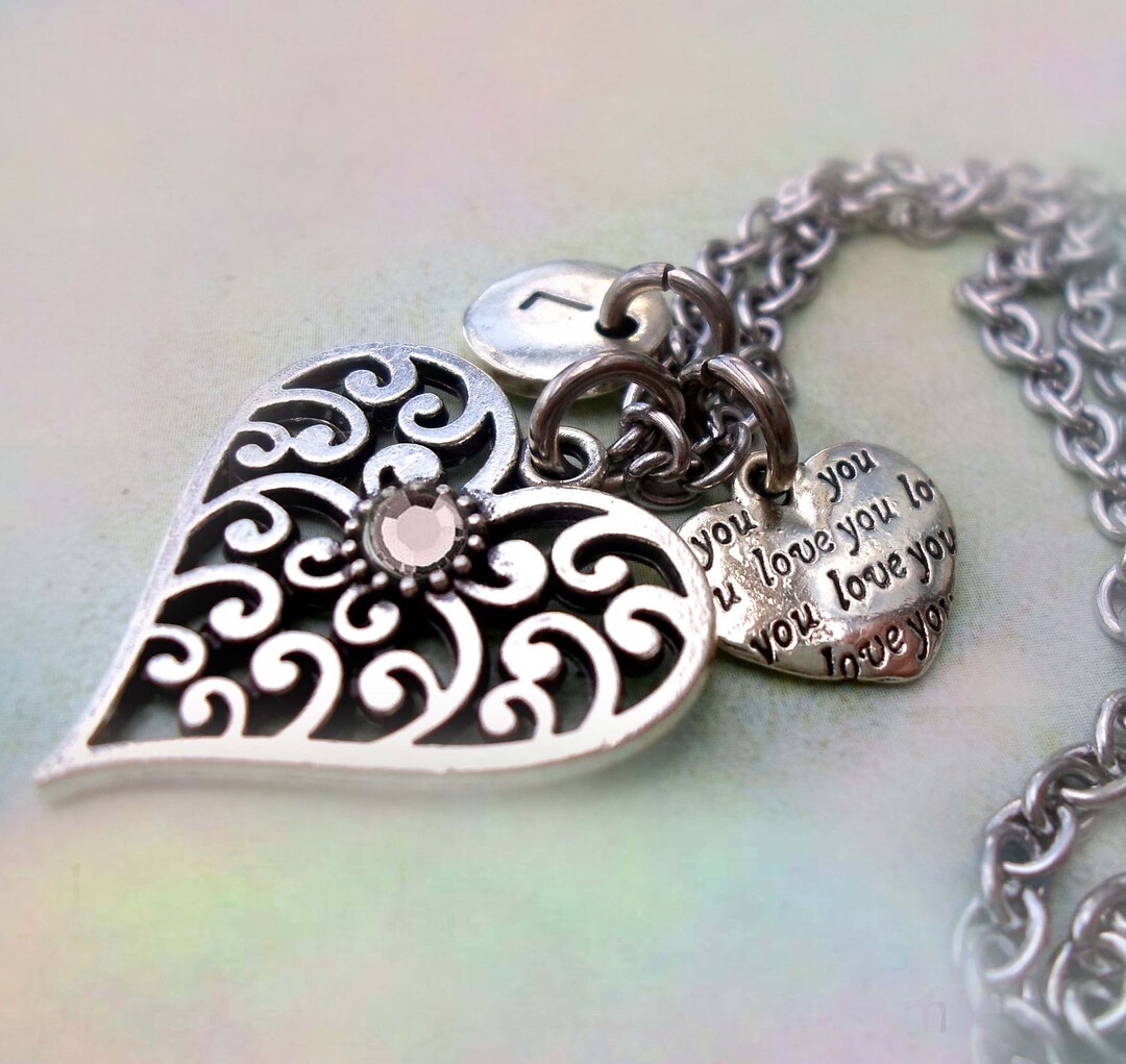 June Birthstone Necklace, Filigree Heart W-letter & Heart Charms, June ...