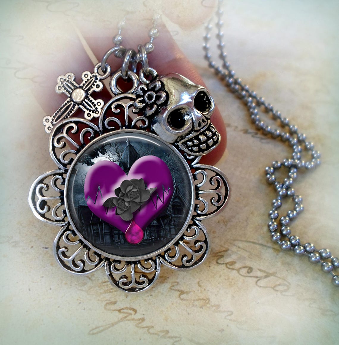 Gothic Heart Necklace W-skull and Cross Charms, Gothic Valentine ...