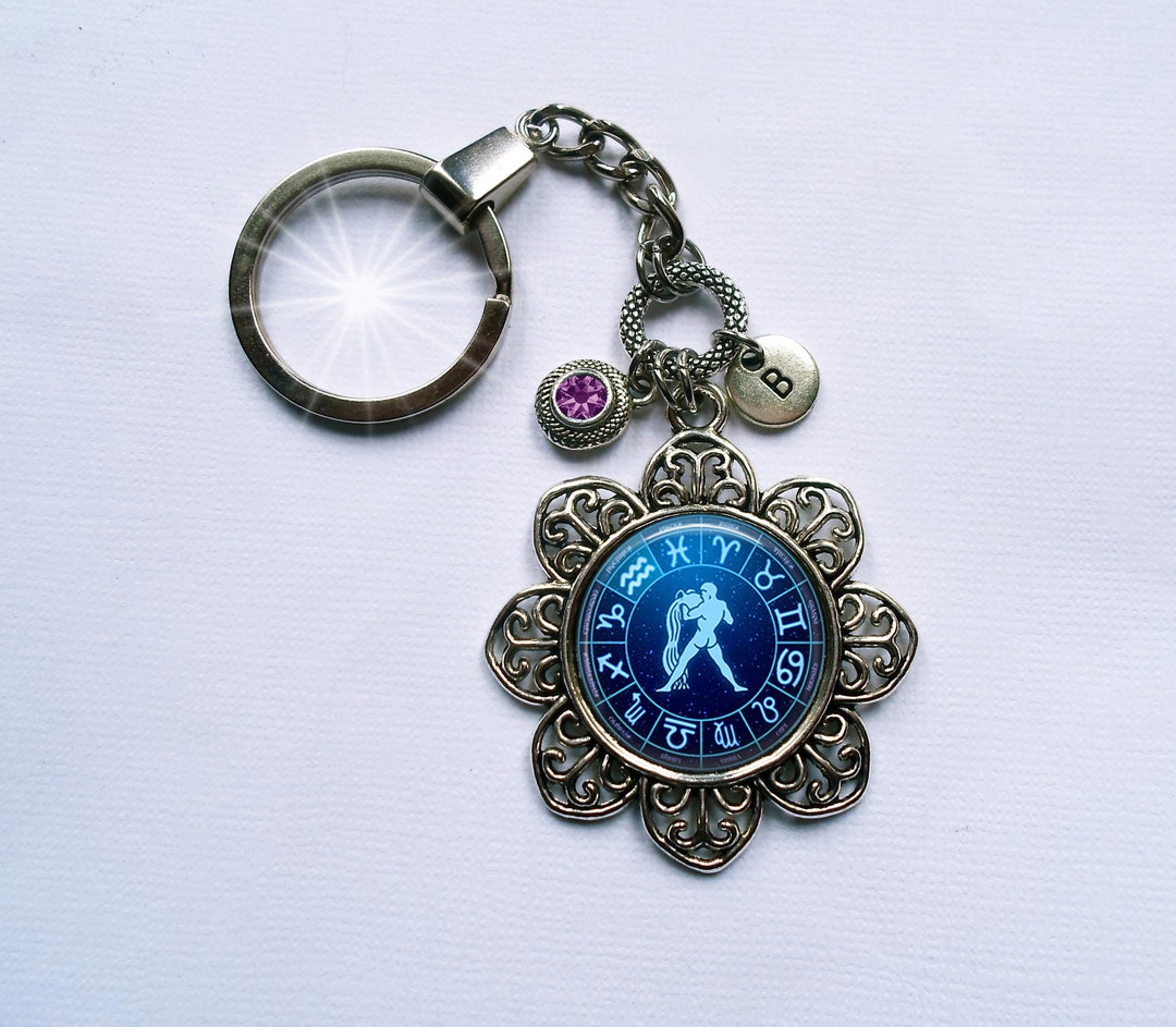 Aquarius Keychain or Clip With Sparkling Birthstone Crystal & Letter ...