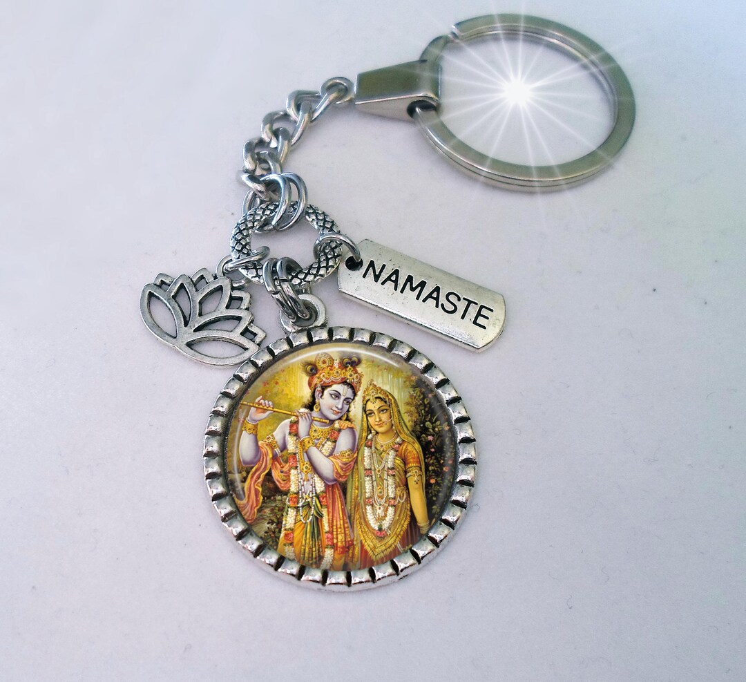 Lord Krishna and Radha Keychain or Clip With Lotus Flower and Namaste ...