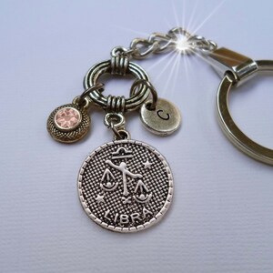 Libra Zodiac Keychain With Letter Charm and Sparkling Birthstone ...