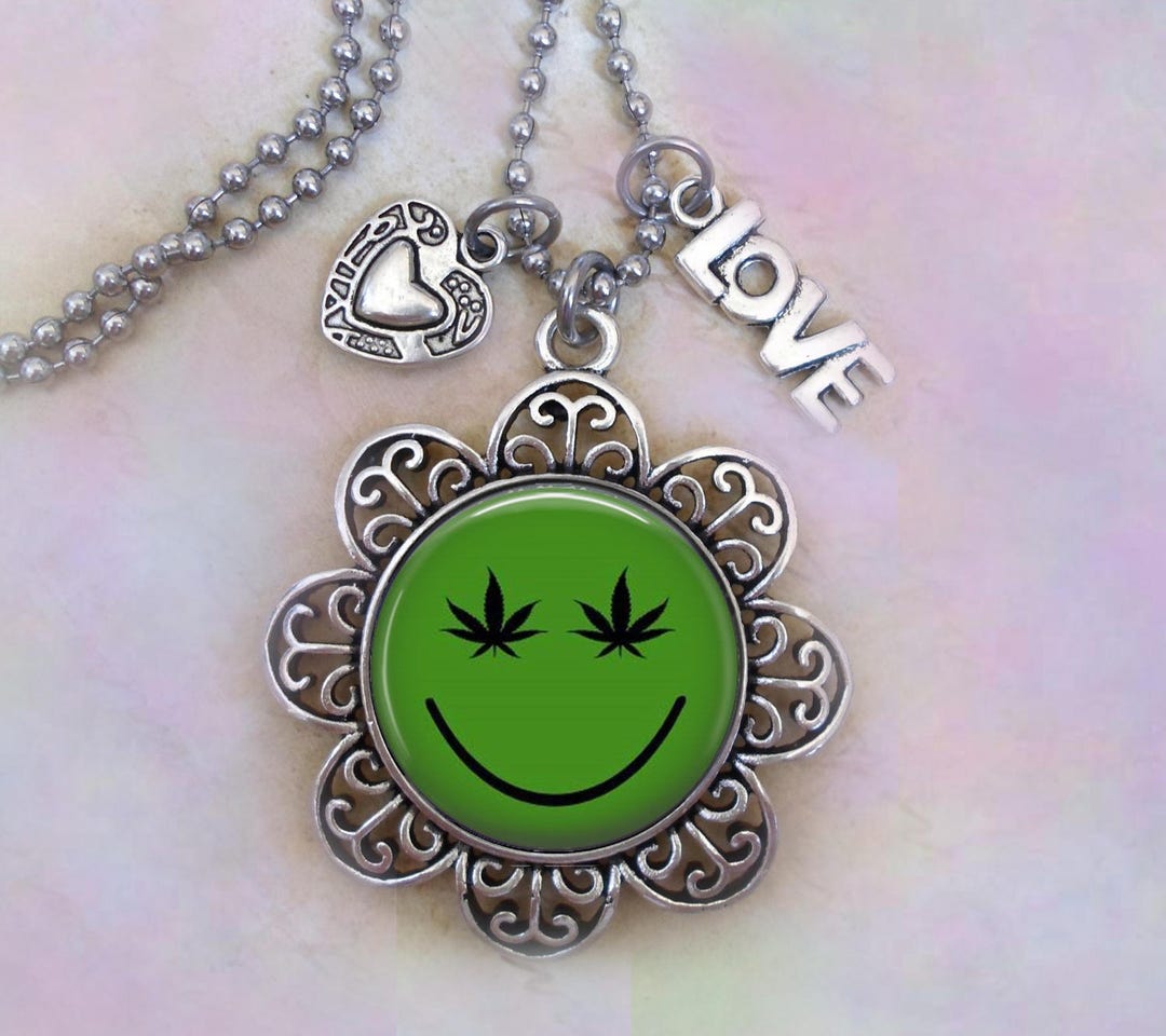 Cannabis Smiley Face Necklace W-heart & LOVE Charms, Weed Lover Gift ...