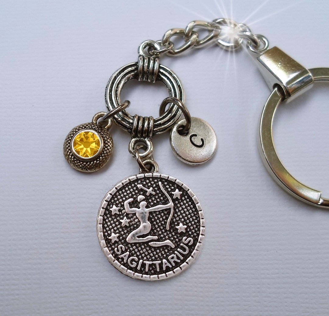 Sagittarius Zodiac Keychain With Letter Charm and Birthstone Crystal ...