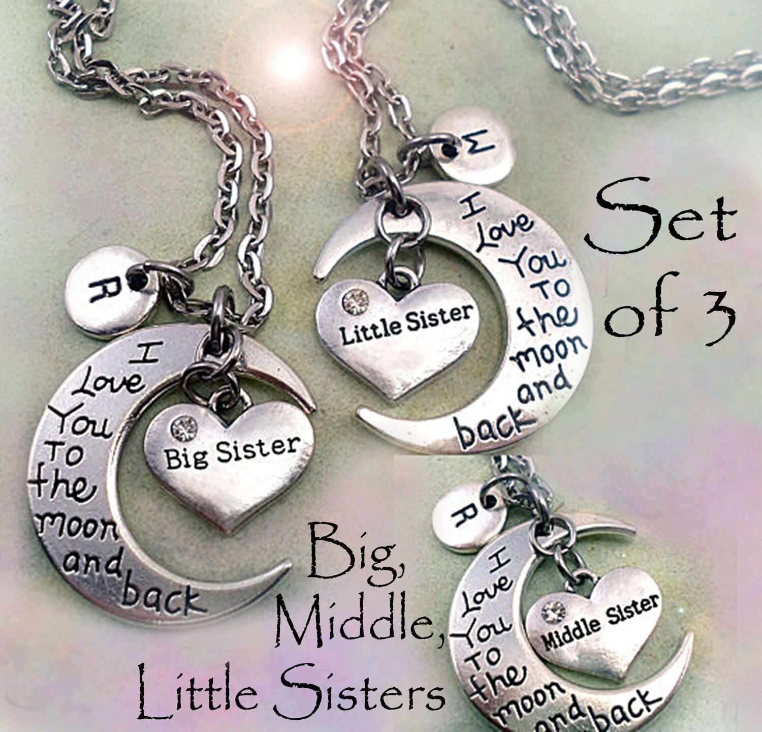 Big Middle Little Sisters Set of 3 I Luv You to the Moon and Back Big Sister Middle Sister Little Sister Necklaces With Letter Charms Etsy