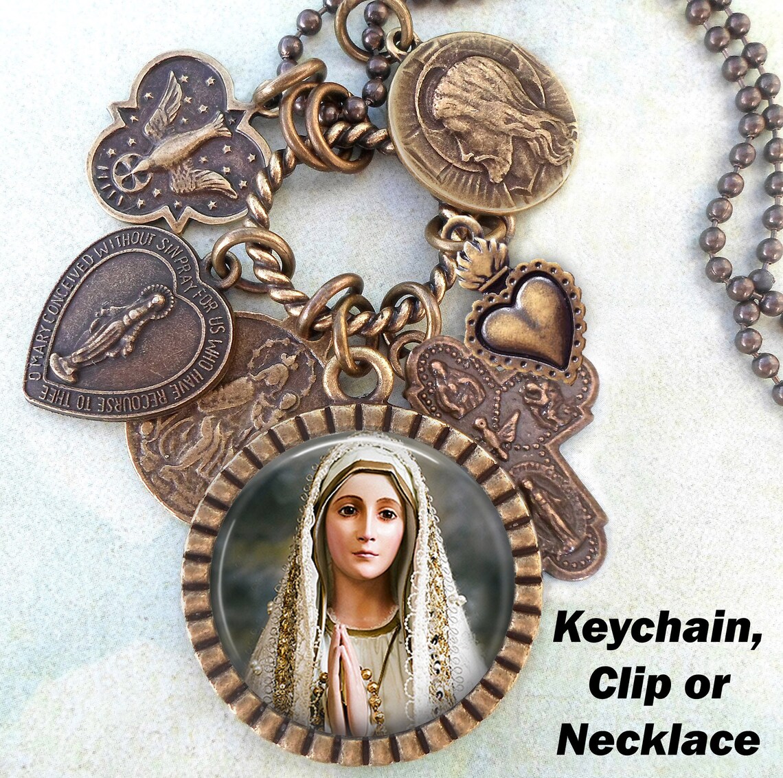 Our Lady of Fatima, Mother Mary Keychain, Clip or Necklace, Catholic ...
