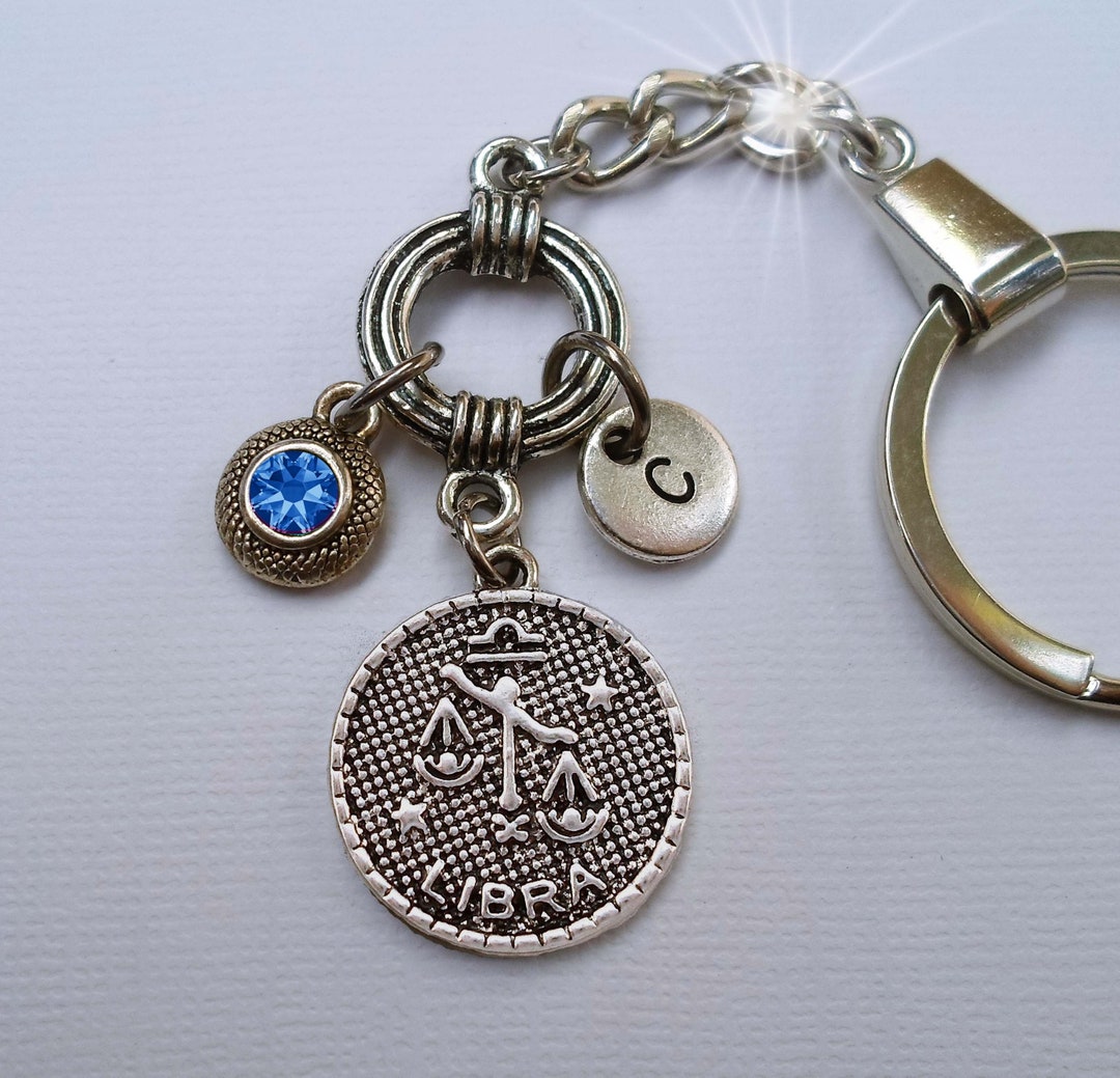 Libra Zodiac Keychain With Letter Charm and Sparkling Birthstone ...