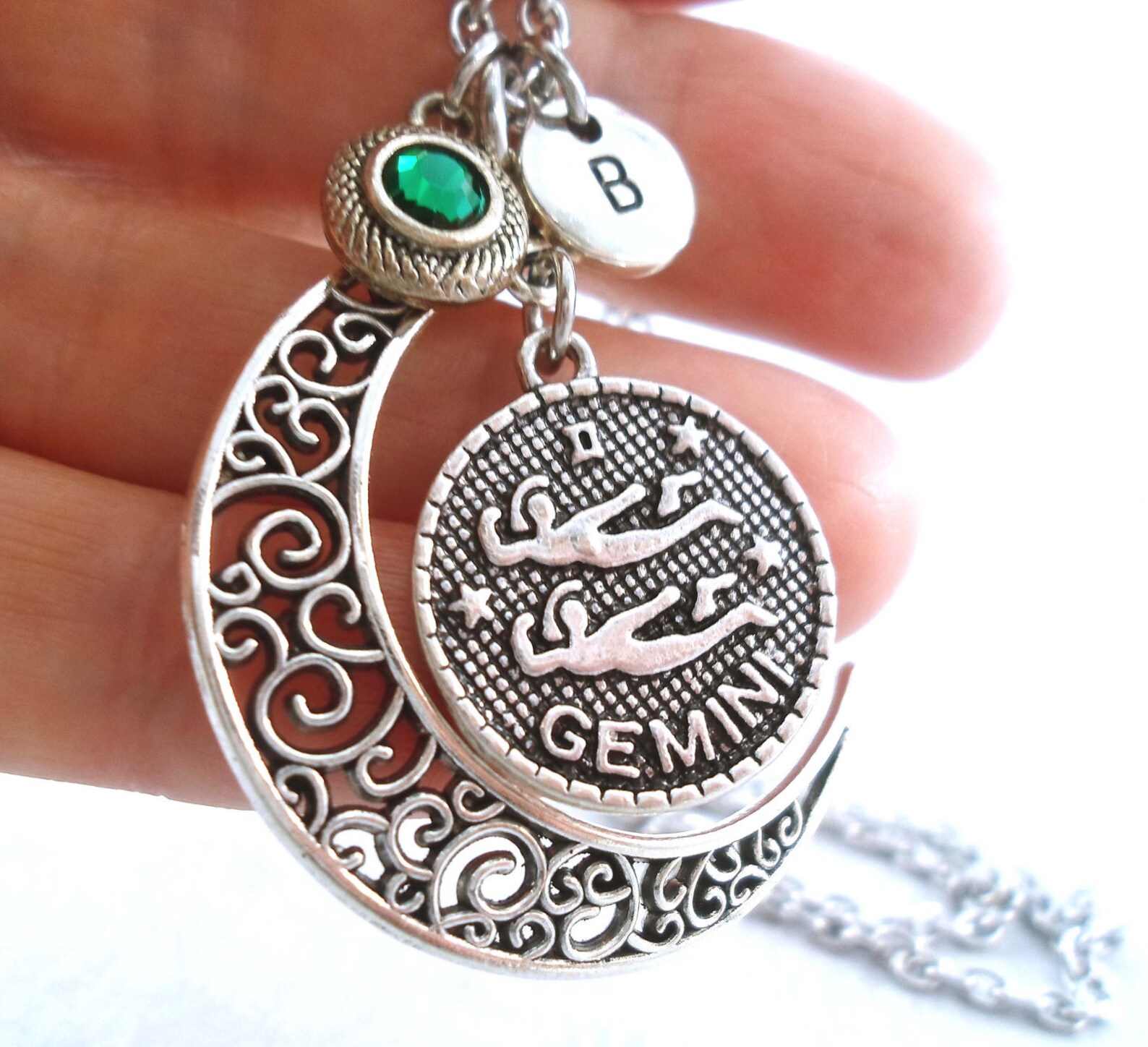 Gemini Necklace Filigree Crescent Moon With Swarovski Birthstone ...