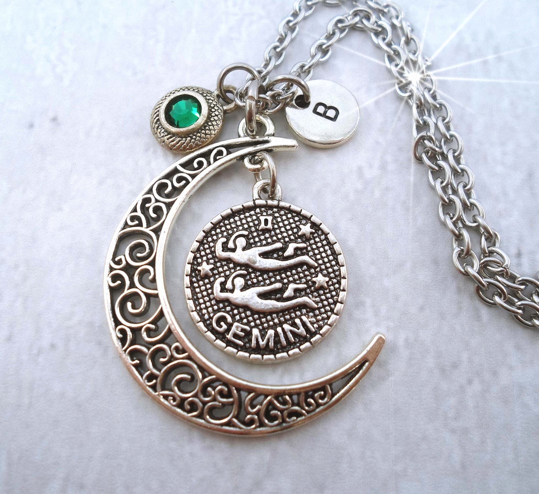 Gemini Necklace Filigree Crescent Moon With Birthstone Crystal & Letter ...