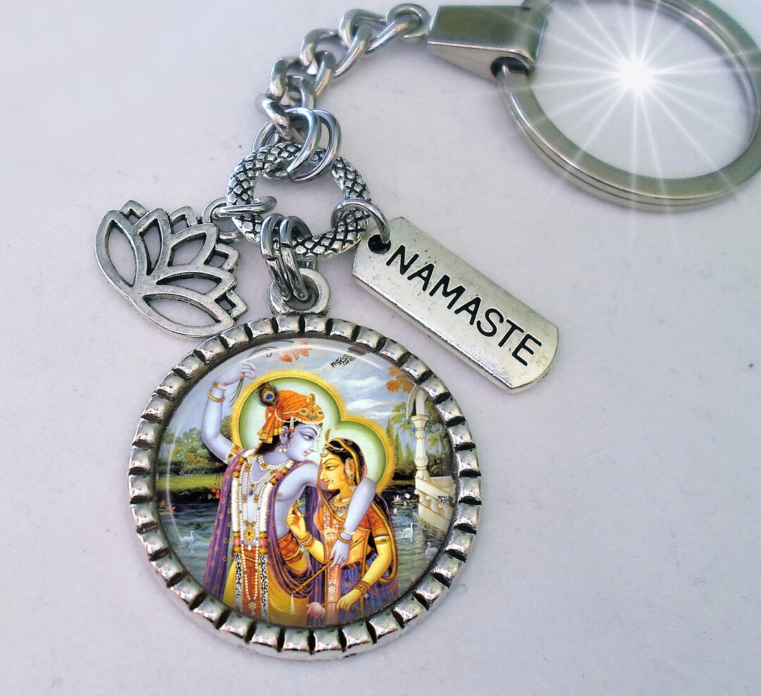 Lord Krishna and Radha Clip or Keychain With Namaste Charm and Lotus ...