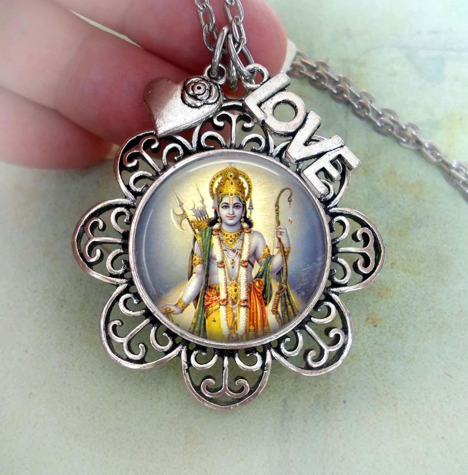 Rama Necklace W-heart and LOVE Charms, Hindu God-morality, Virtue ...