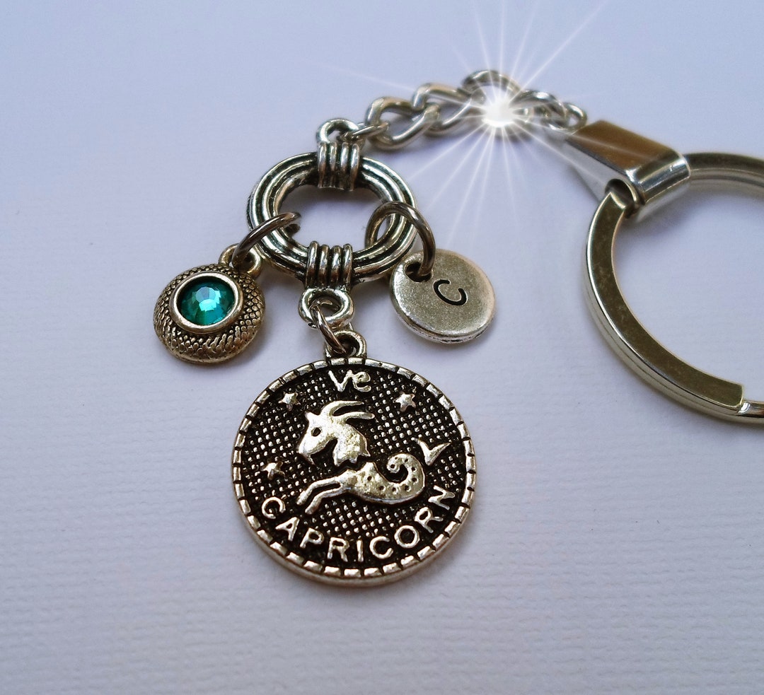 Capricorn Zodiac Keychain With Letter Charm and Birthstone Crystal ...