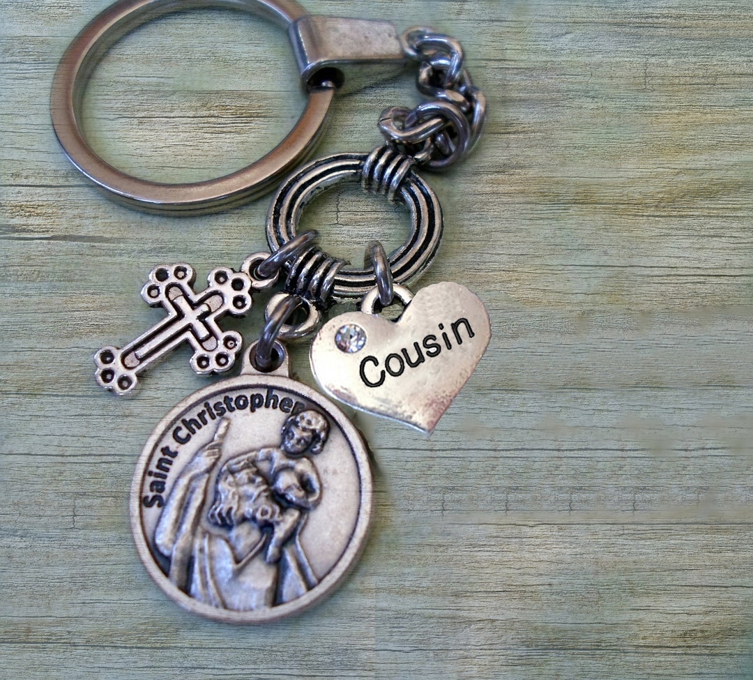 Saint Christopher Cousin Keychain or Clip With Cross & Engraved Heart ...