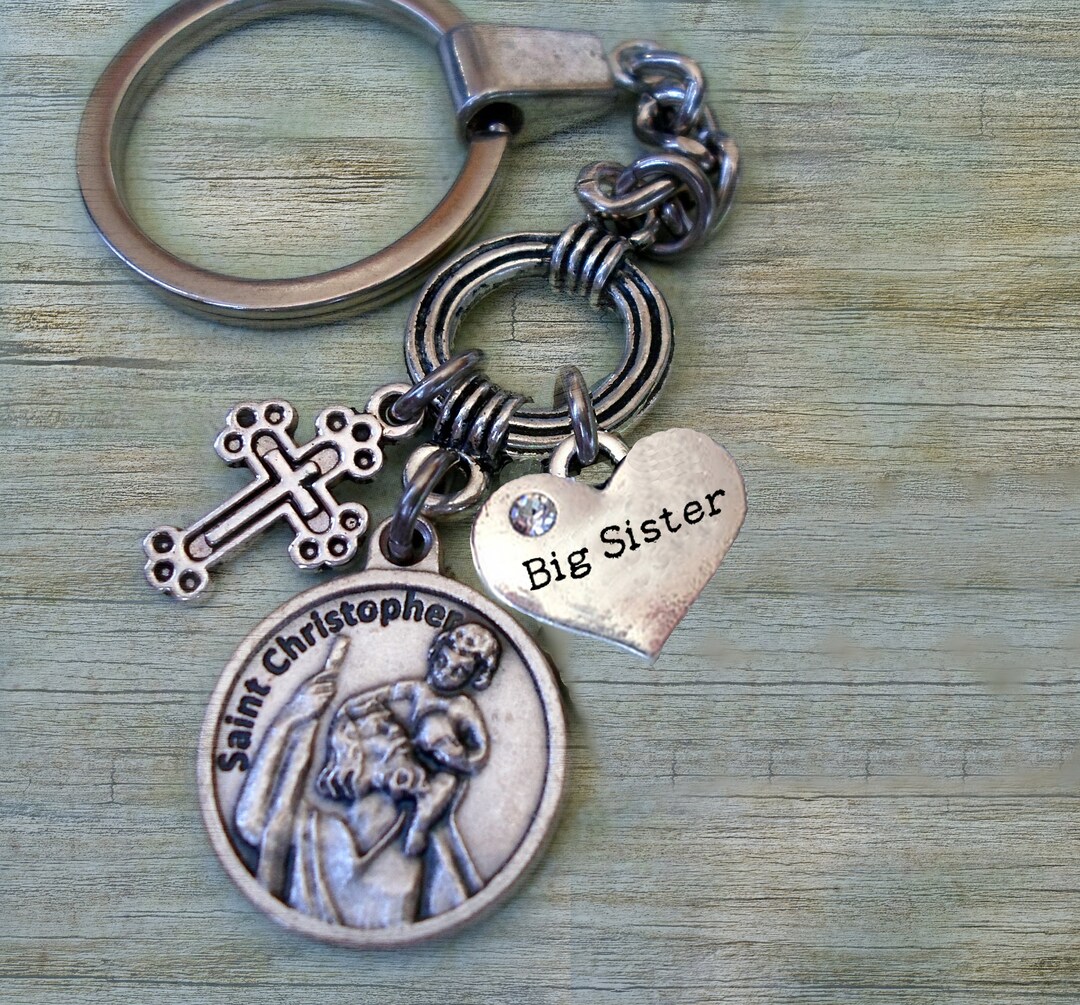 Saint Christopher Big Sister Keychain or Clip With Cross & Engraved ...