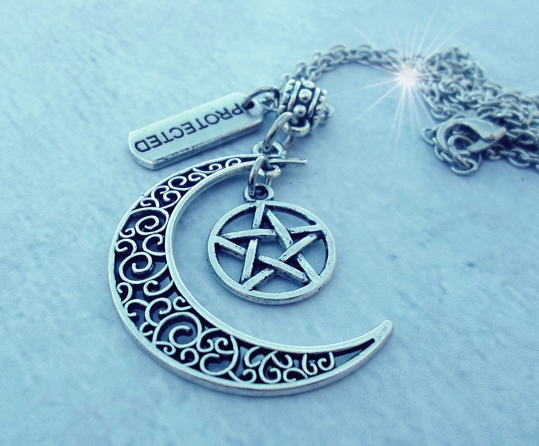 Pentacle Protection Necklace, Filigree Crescent Moon W-pentacle ...