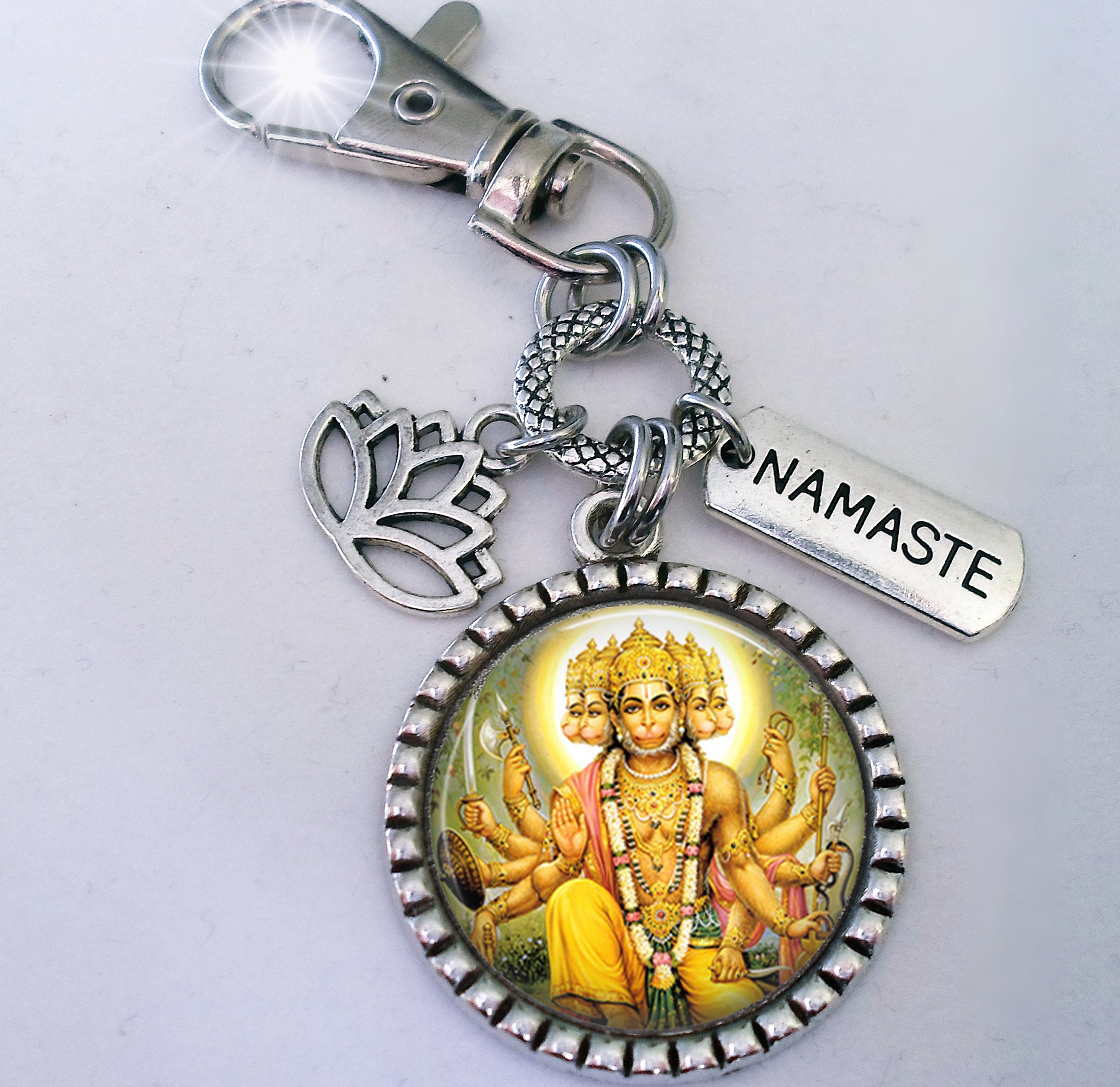 Hanuman Keychain or Zipper Pull with Lotus Flower and Namaste | Etsy