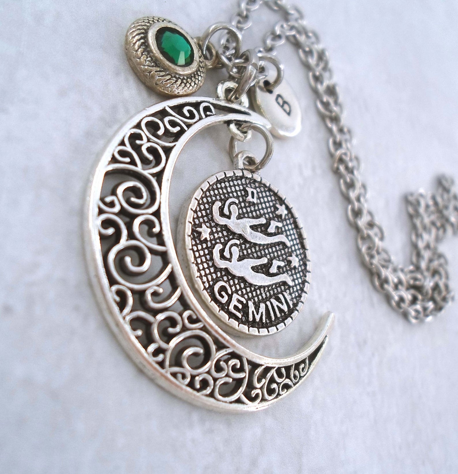 Gemini Necklace Filigree Crescent Moon With Swarovski Birthstone ...