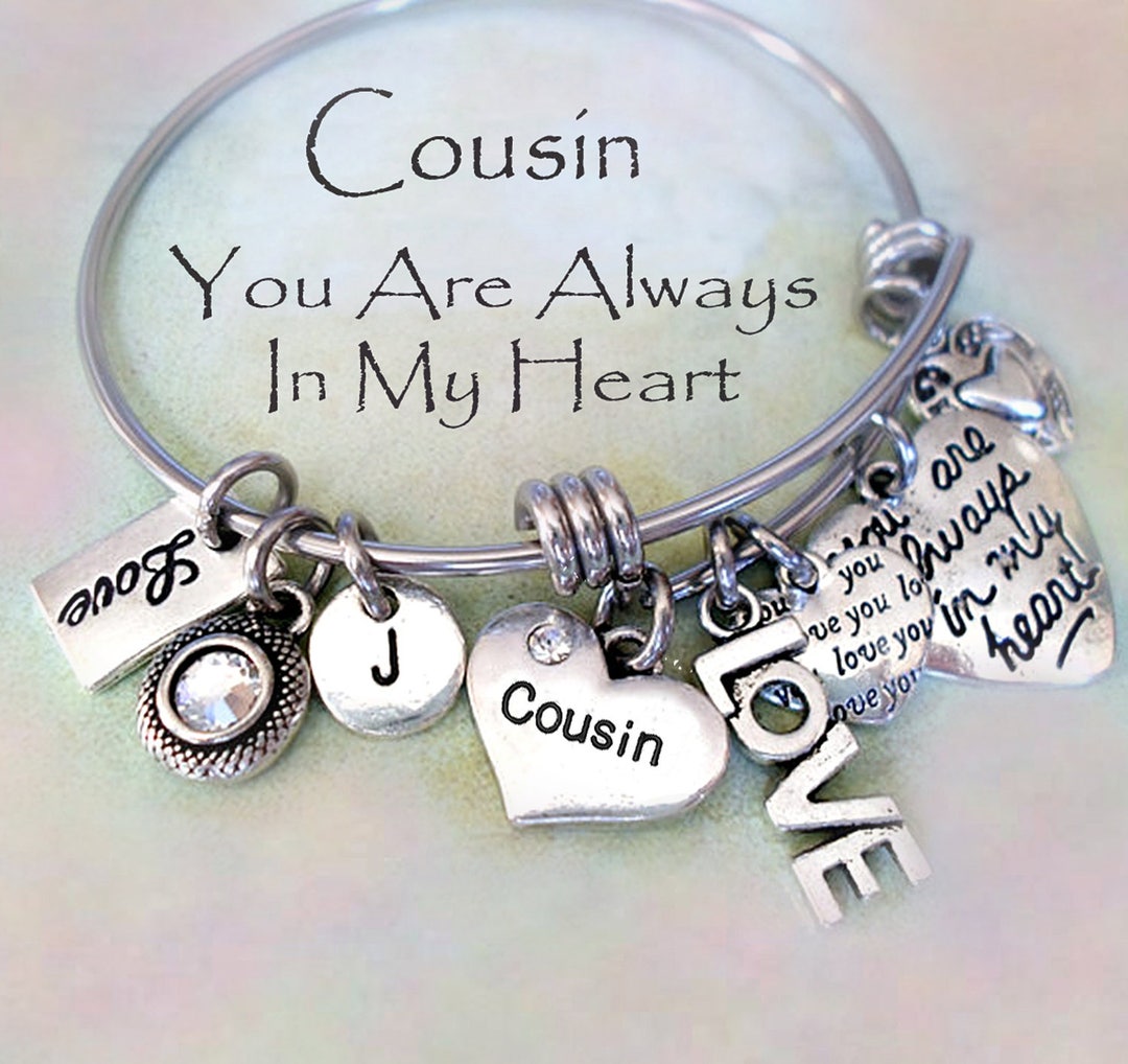 Personalized Cousin Bangle With Birthstone Crystal & Letter Charm, You ...