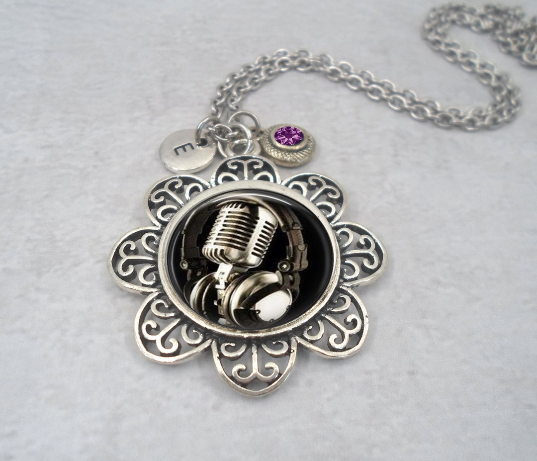 Vintage Shure Mic and Headphones Necklace With Sparkling Birthstone ...