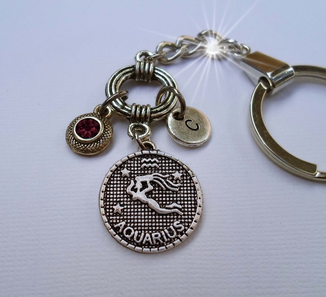 Aquarius Zodiac Keychain or Clip With Letter Charm and Birthstone ...