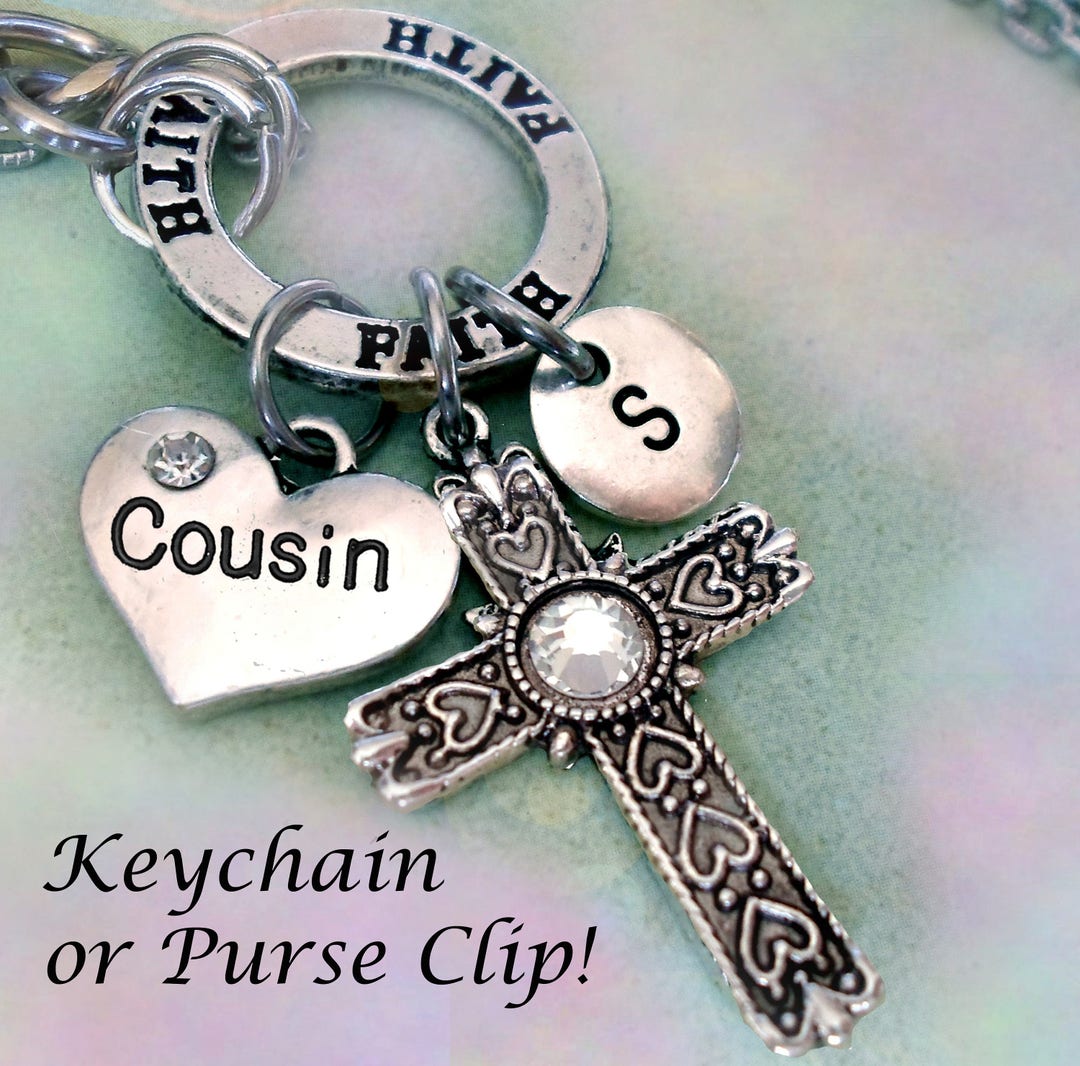 Cousin Birthstone Cross Keychain or Clip, Faith Ring, Personalized W ...