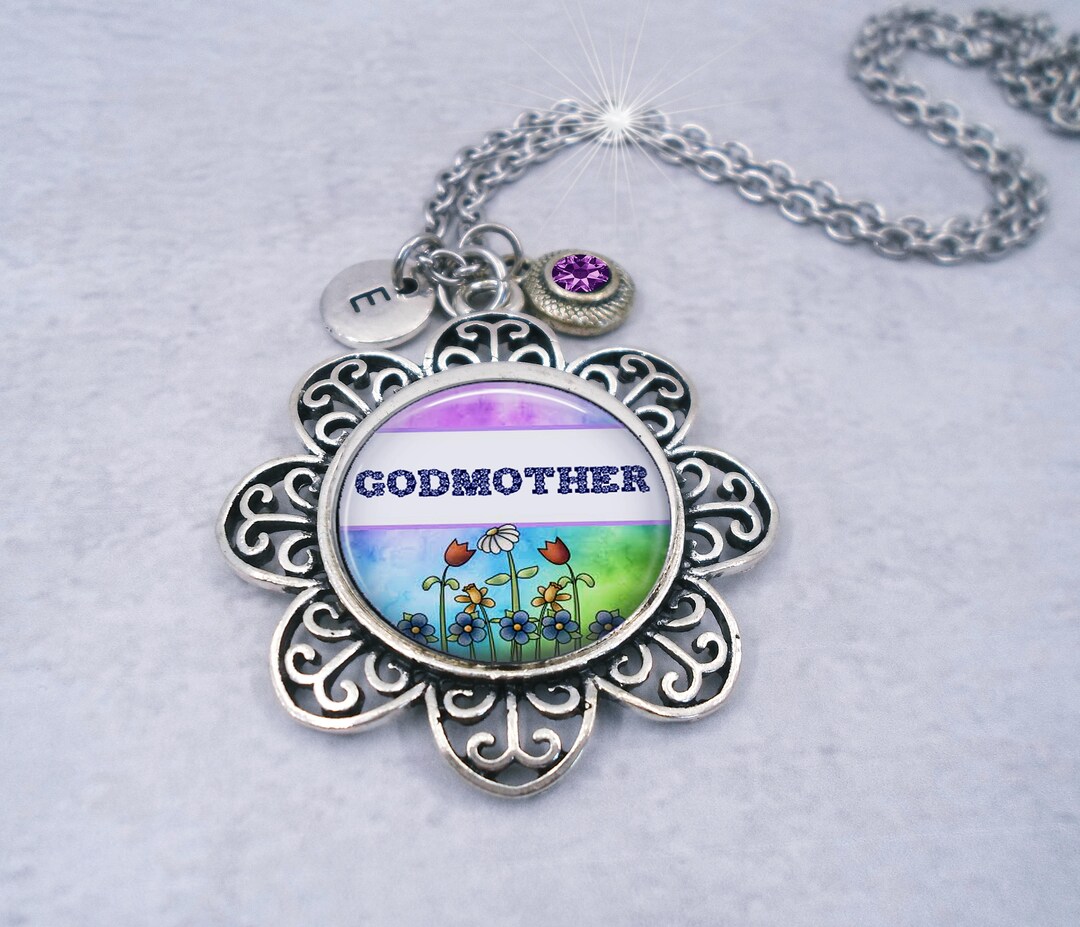 Godmother Necklace With Sparkling Birthstone Crystal & Letter Charm ...
