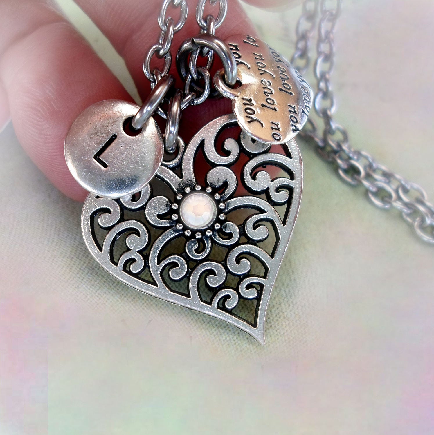 October Birthstone Necklace, Filigree Heart W-letter & Heart Charms ...