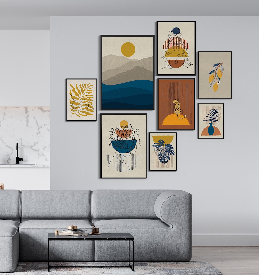 Navy Blue Mid Century, Modern Wall Art Set of 8, Bohemian Botanical ...