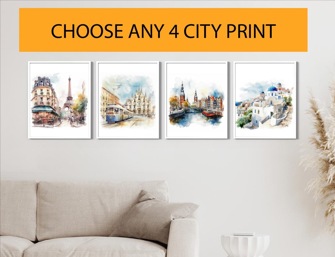 City Prints Wall Art Set of 4, Urban Landscape Decor, Cityscape Poster ...