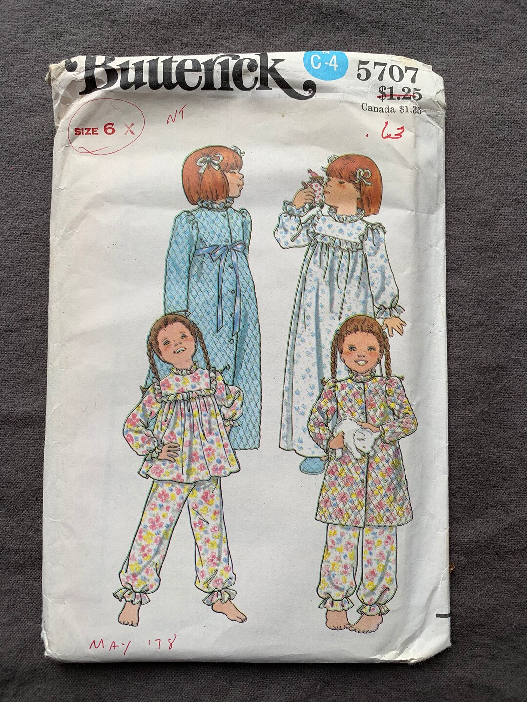 Vintage Butterick Pattern 5707 Girl's Size 6X Nightgown, Pajamas and ...