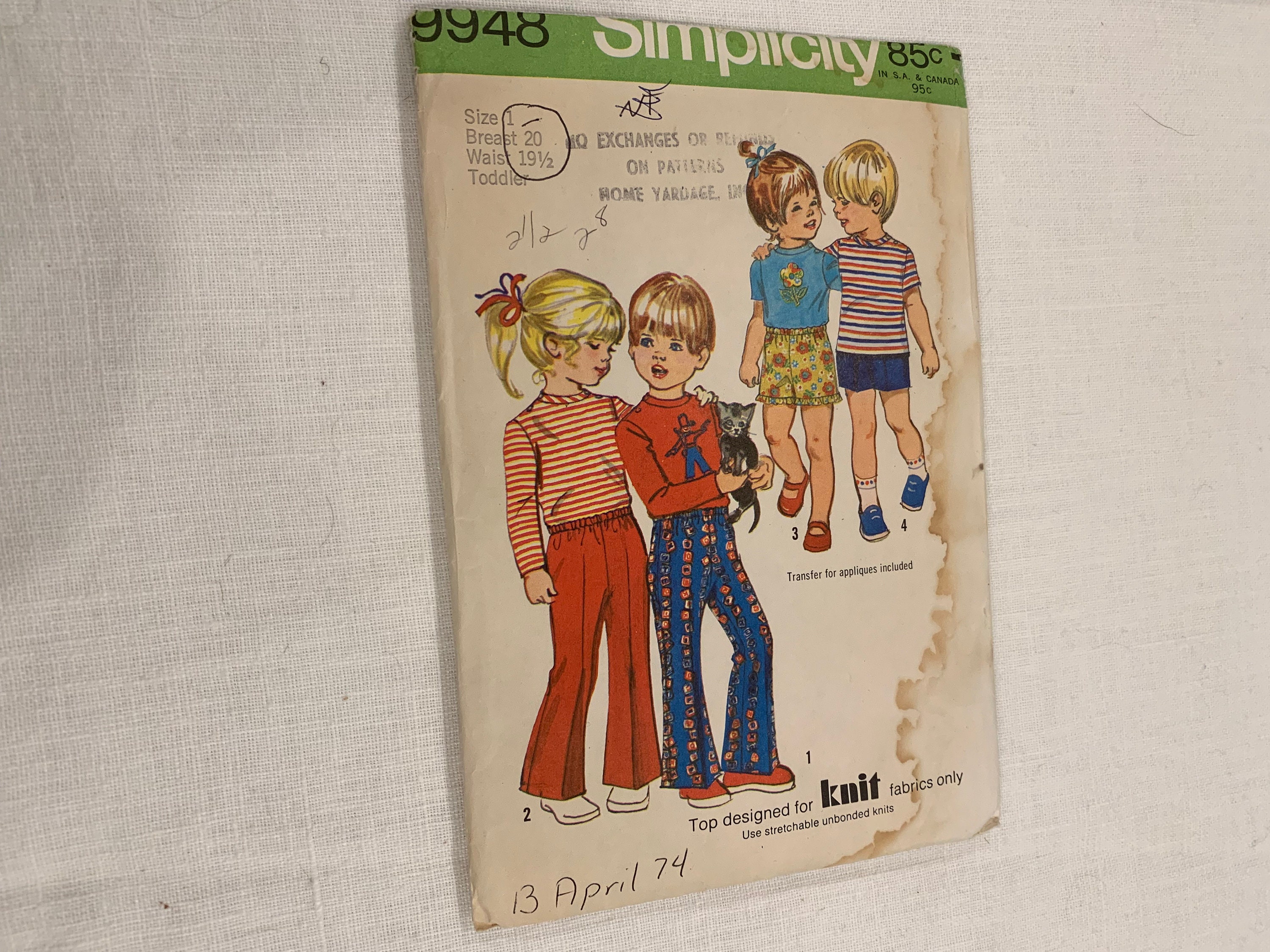 Vintage Simplicity Pattern 9948 Children/toddler's Size 1 Pants in Two ...