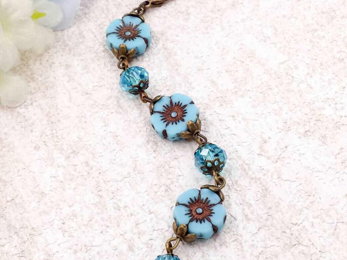Blue Flower Bracelet Artisan Czech Flower Blue and Bronze | Etsy