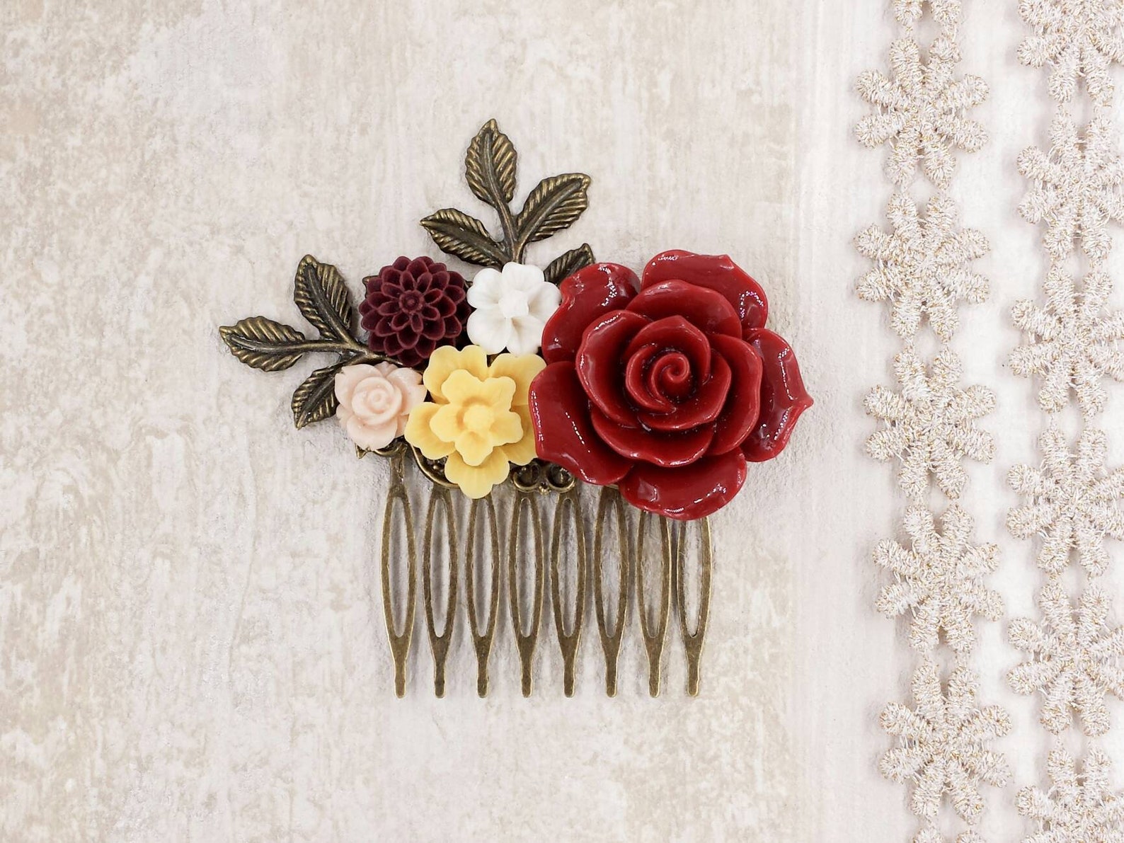 Red Rose Floral Comb Red Flower Decorative Comb County Chic | Etsy