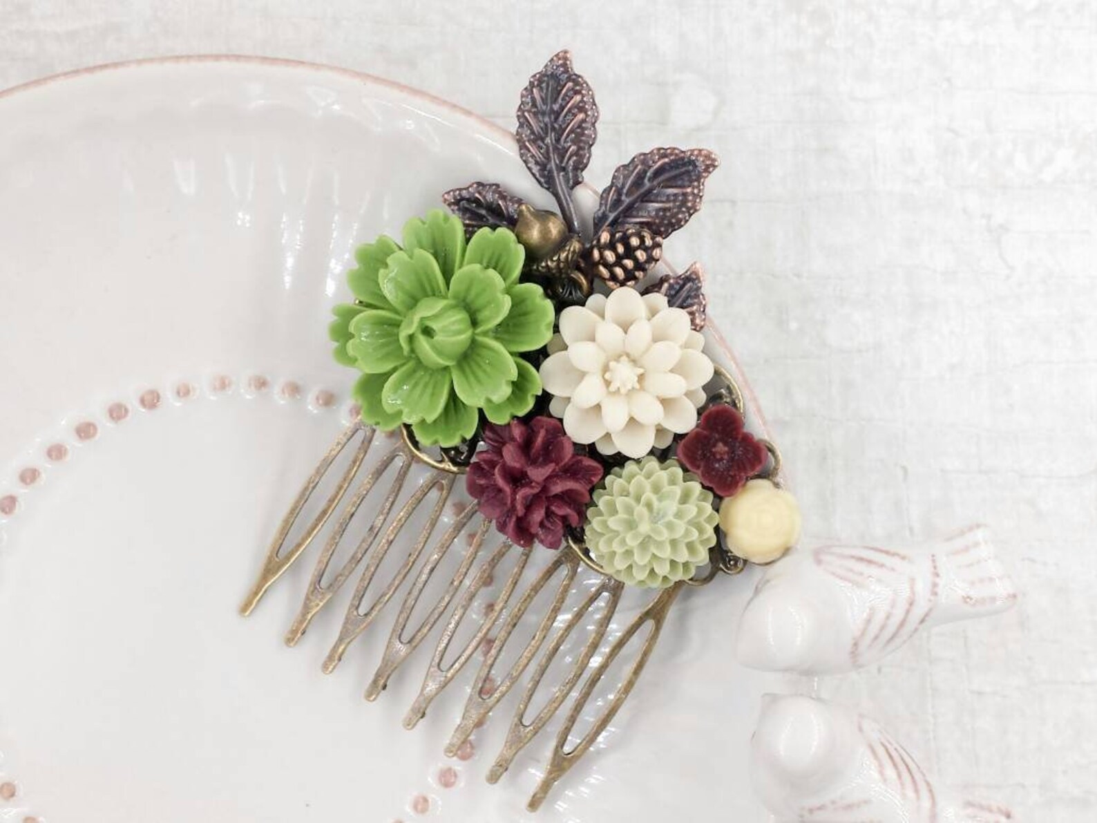 Olive Green Floral Comb Pine Cone Acorn Hair Comb Sage and | Etsy