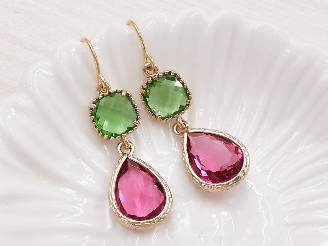 Fuchsia Pink and Apple Green Earrings- Ruby Peridot Glass Crystal Jewelry - Etsy