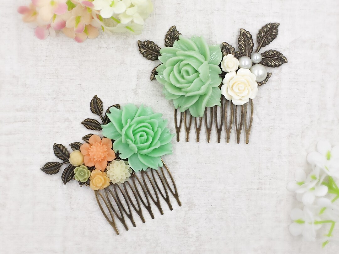 Mint Rose Bridal Comb one Piece Spring Green and Peach Flower Hair Comb ...
