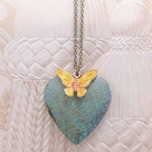 Patina Heart Butterfly Locket (3 Colors) Large Heart Locket Floral ...