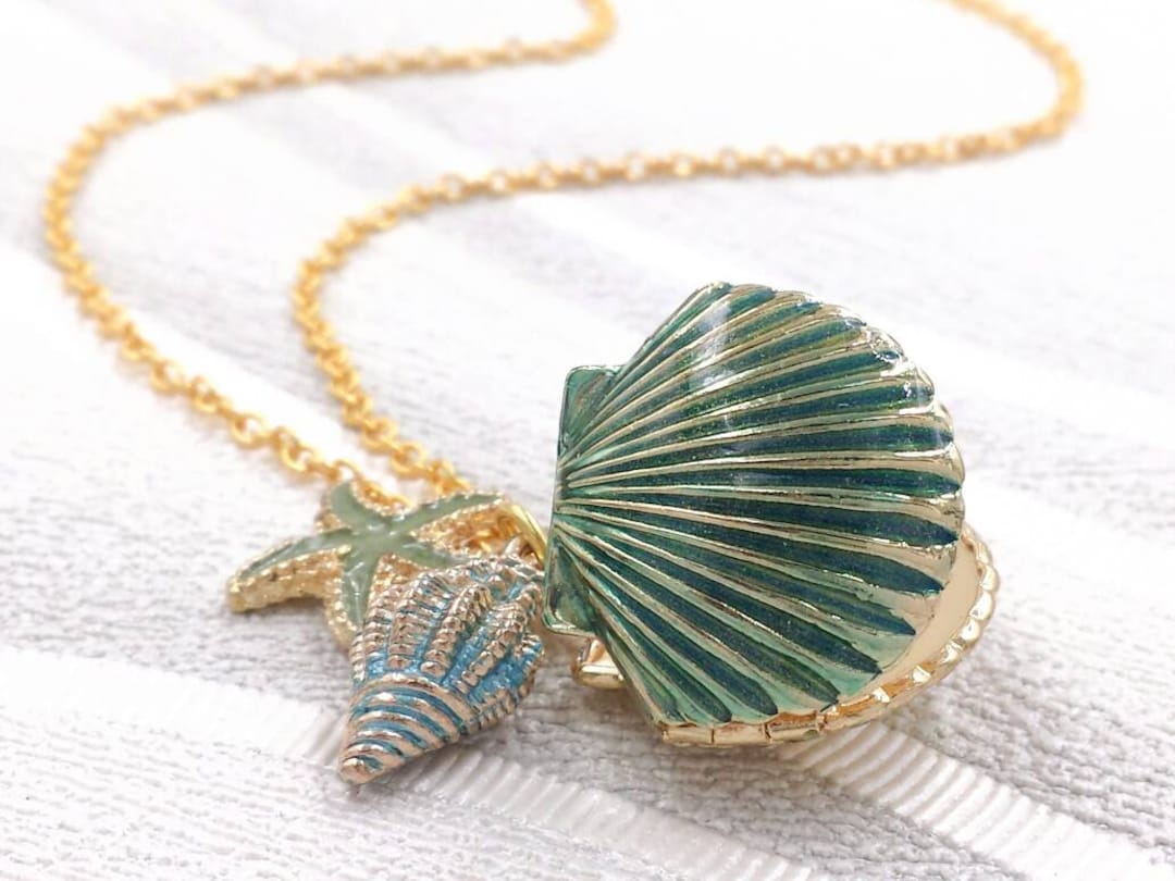 Seashell Locket Necklace- Gold Sea Shell Pendant Ocean Beach Ariel ...