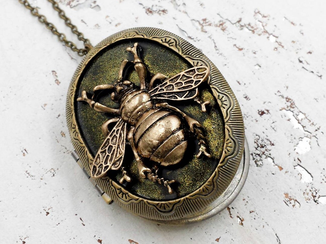 Bee Locket Necklace Queen Bee Large Photo Locket Antiqued Gold and ...