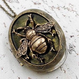 Bee Locket Necklace Queen Bee Large Photo Locket Antiqued Gold and ...
