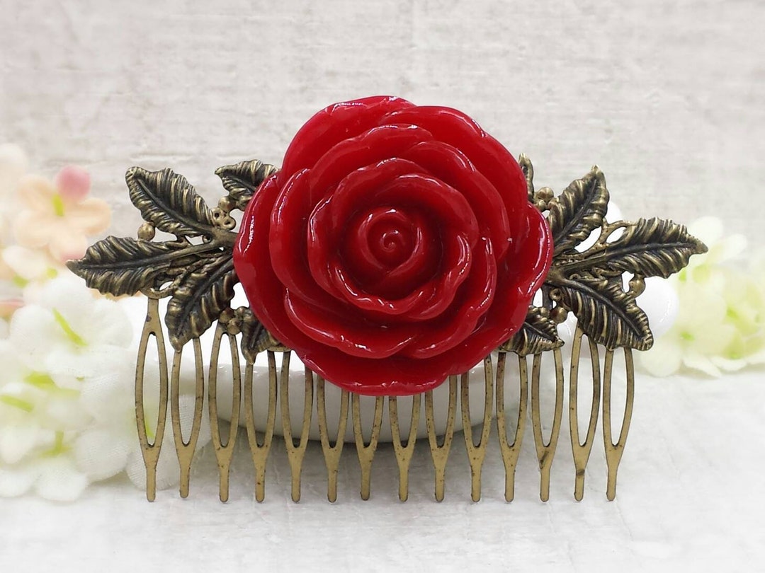 Red Rose Hair Comb Vintage Style Classic Red Flower Hair Comb Antiqued ...