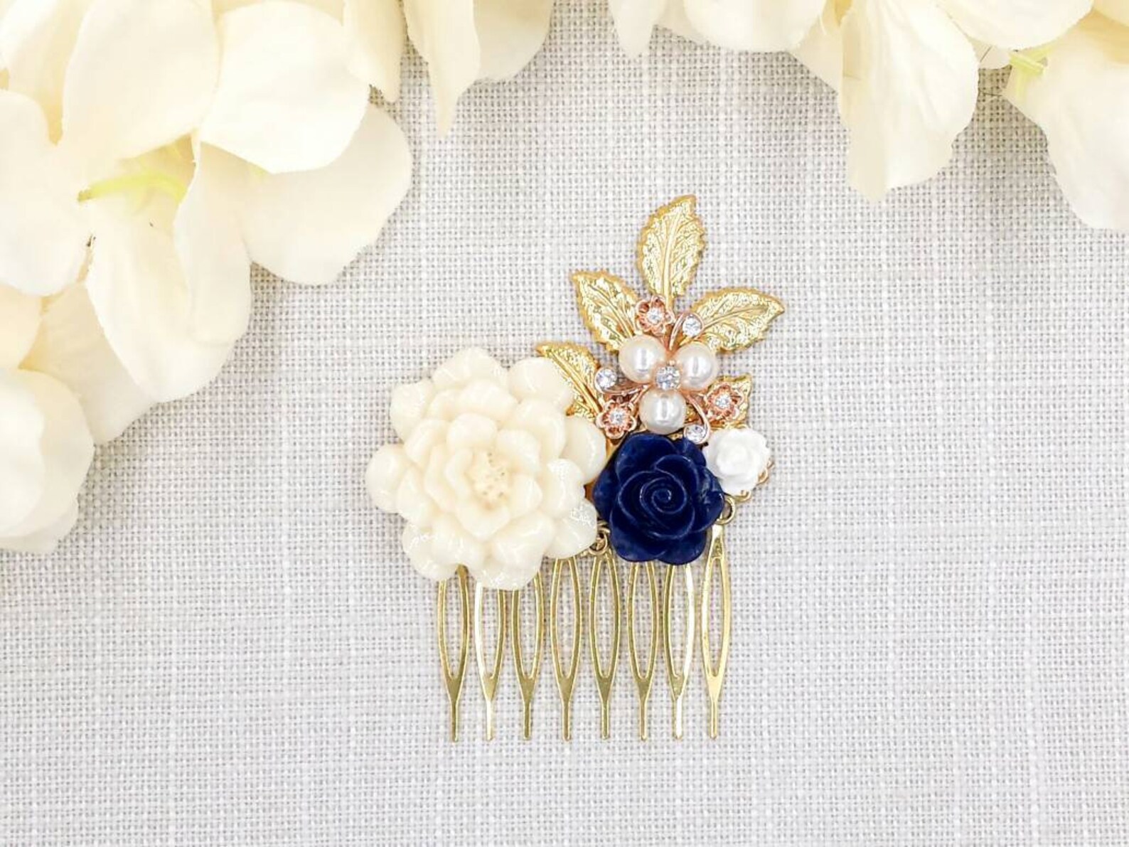 Ivory and Blue Bridal Comb Dark Blue Navy Rose Hair Comb Ivory - Etsy